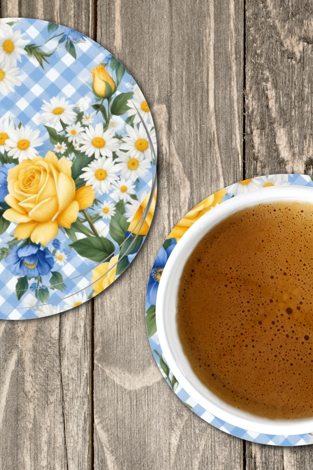 Spring Coffee Mug Wrap, Round Coaster, PNG, Blue Gingham