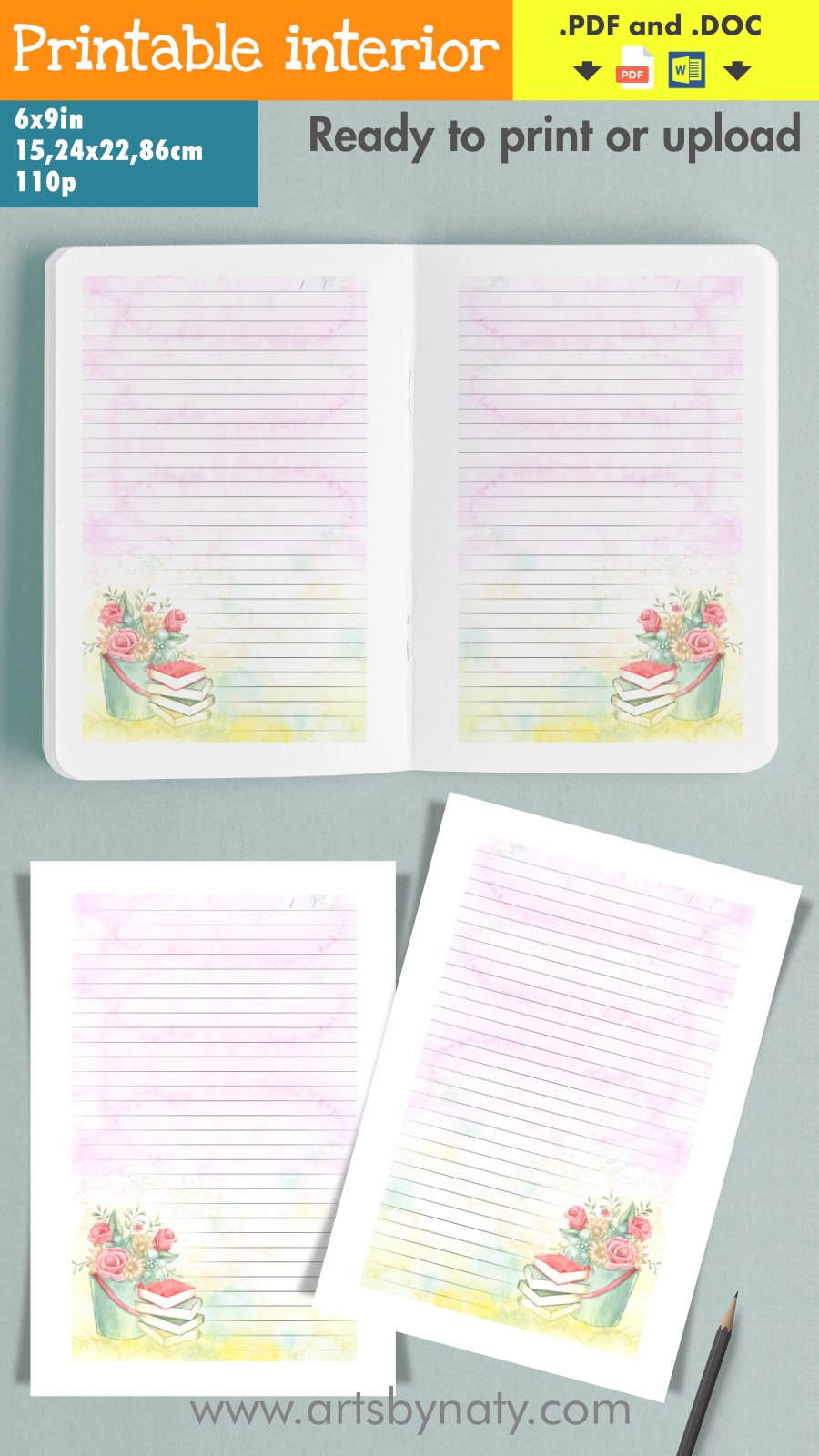 Books and Flowers Watercolor lined journal.