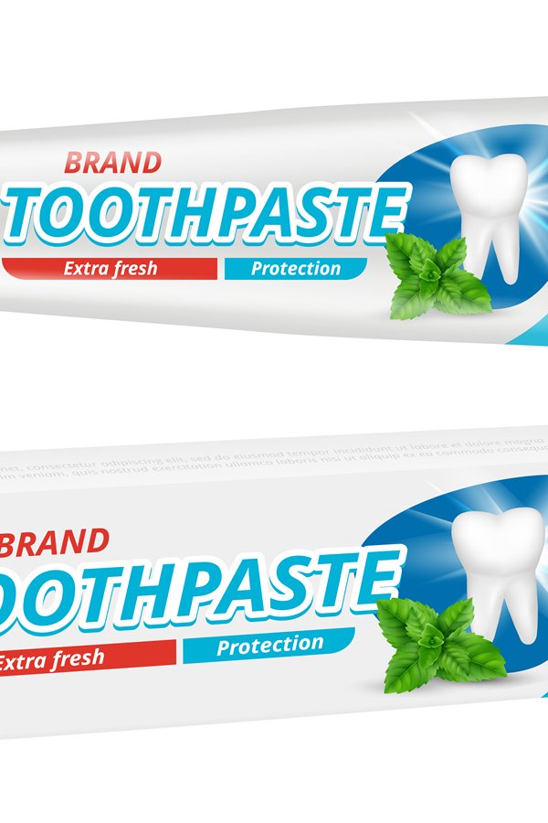 Toothpaste package. Teeth dental protection box label vector