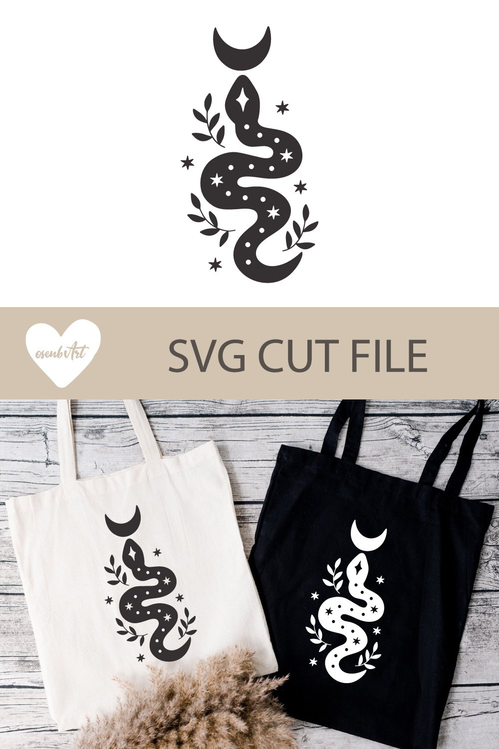 Moon Snake SVG, Boho SVG Cut File, Celestial Animal SVG