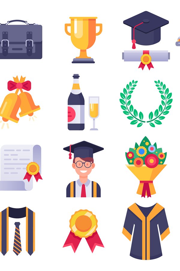 Graduation day icons. College graduate students party, gradu