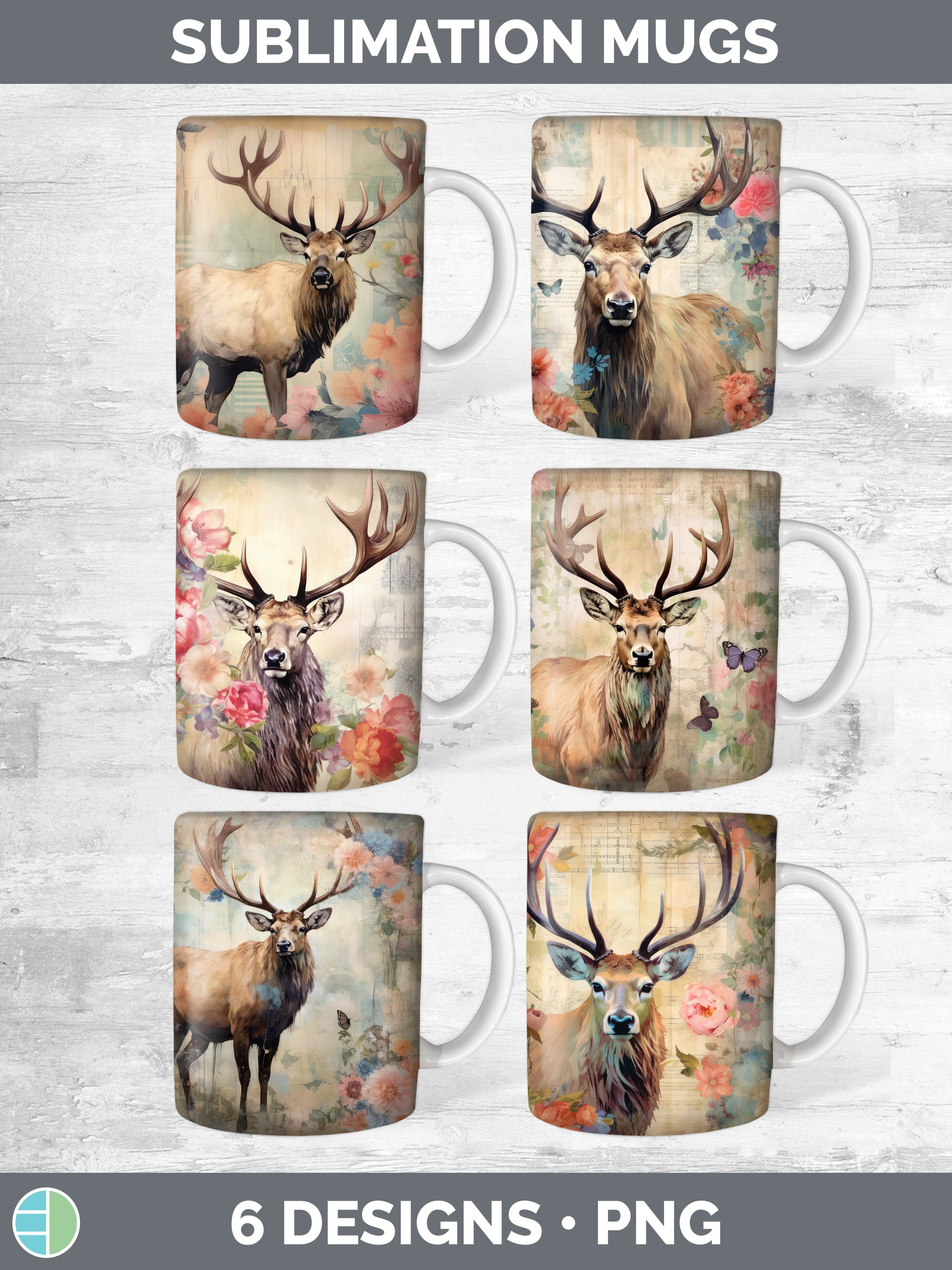 Vintage Elk Mug Wrap | Sublimation Coffee Cup Designs Bundle