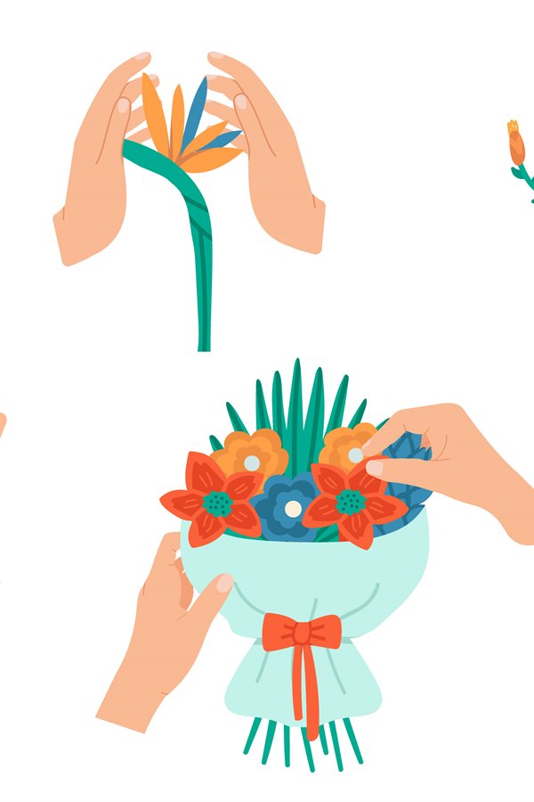 Hands holding flowers. Flowering bouquet in female hands, bu