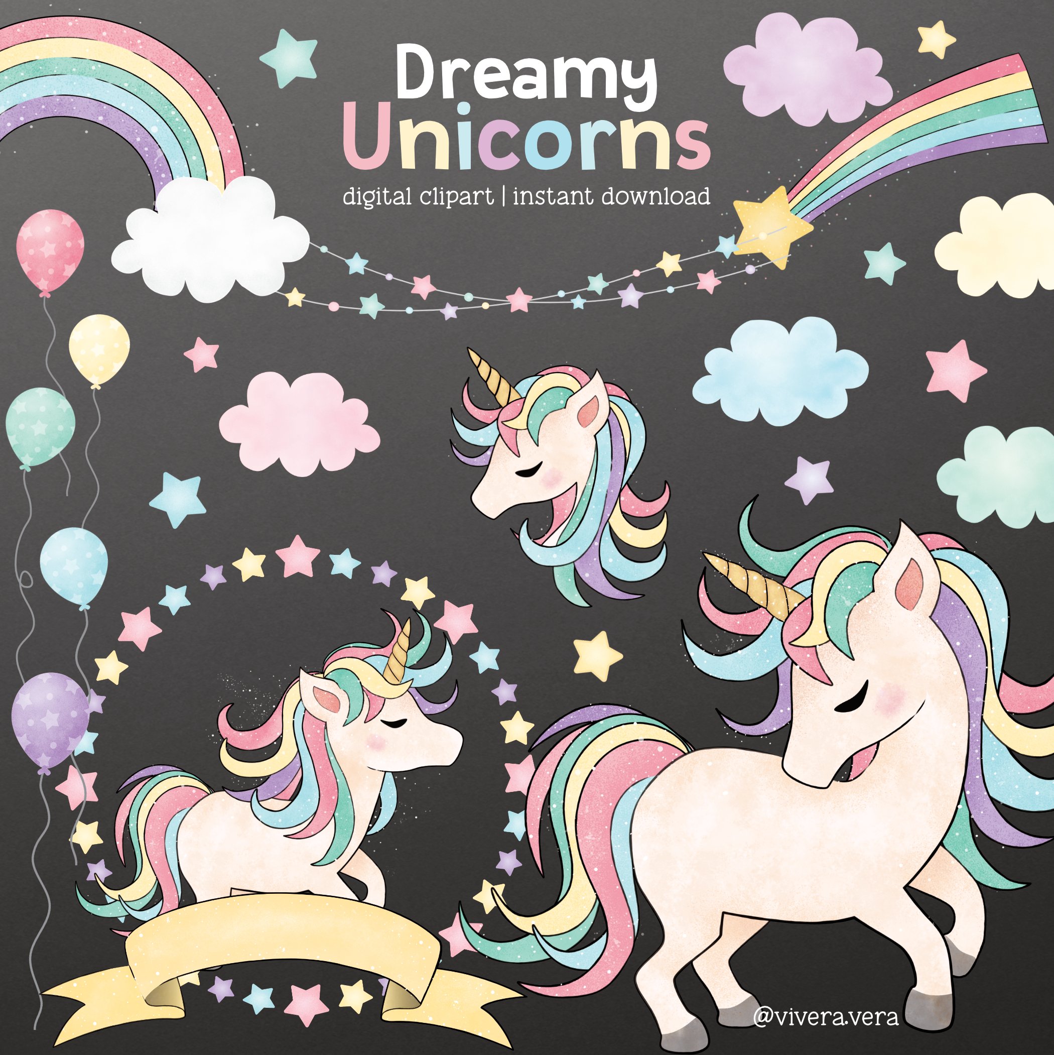 Dreamy Unicorns Watercolor Cliparts