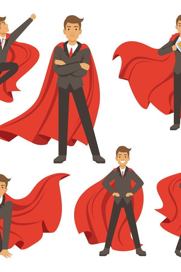 Powerful businessman in different action superhero poses. Ve