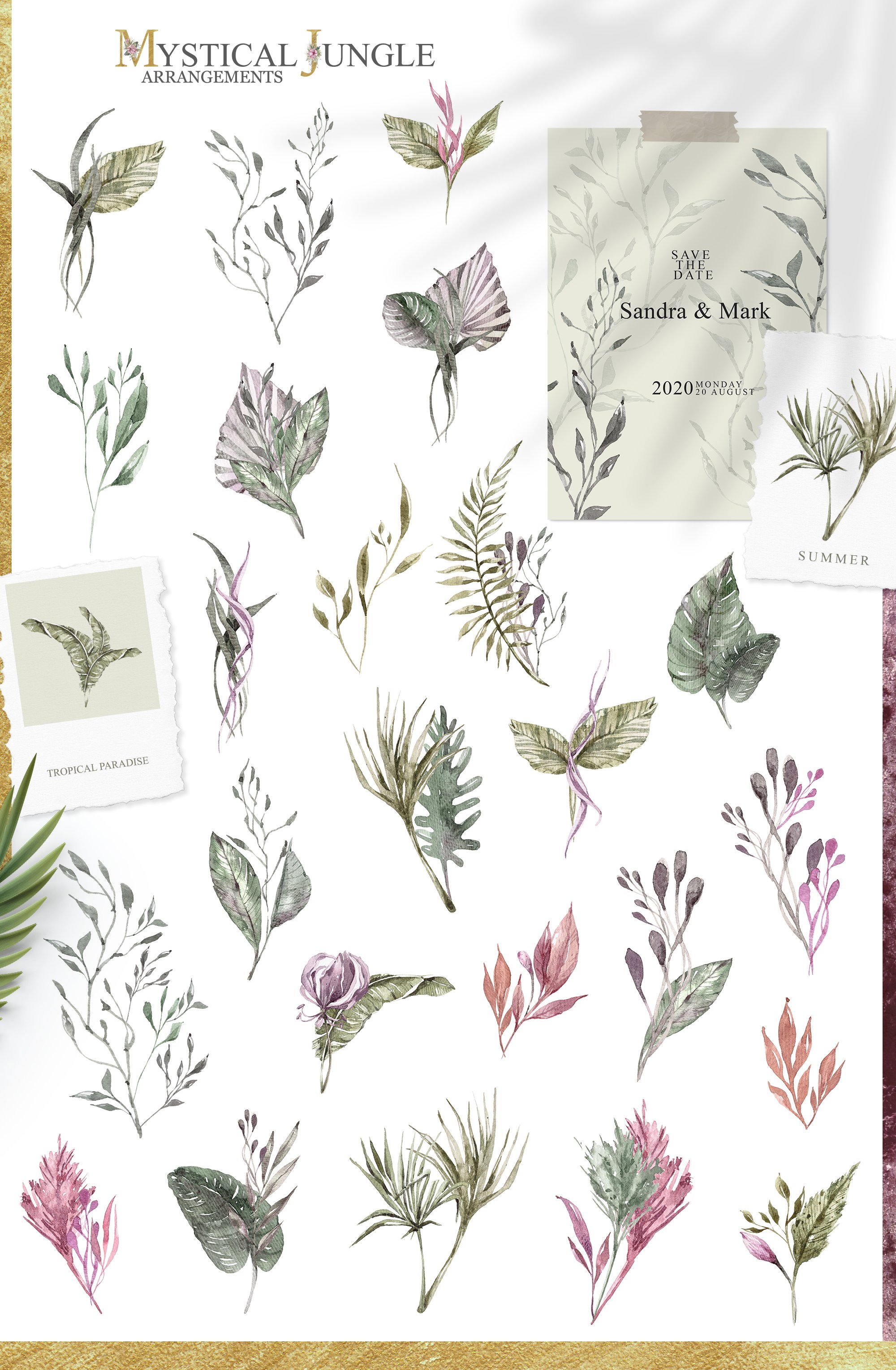 Watercolor tropical leaves illustration set and clipart