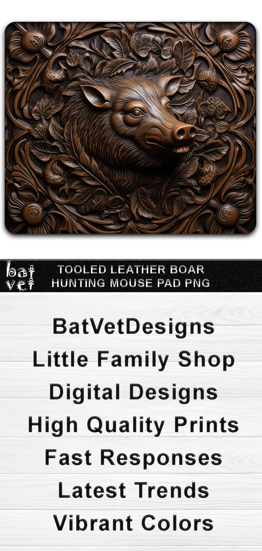 Tooled Leather Boar Hunting Mouse Pad Sublimation Design PNG