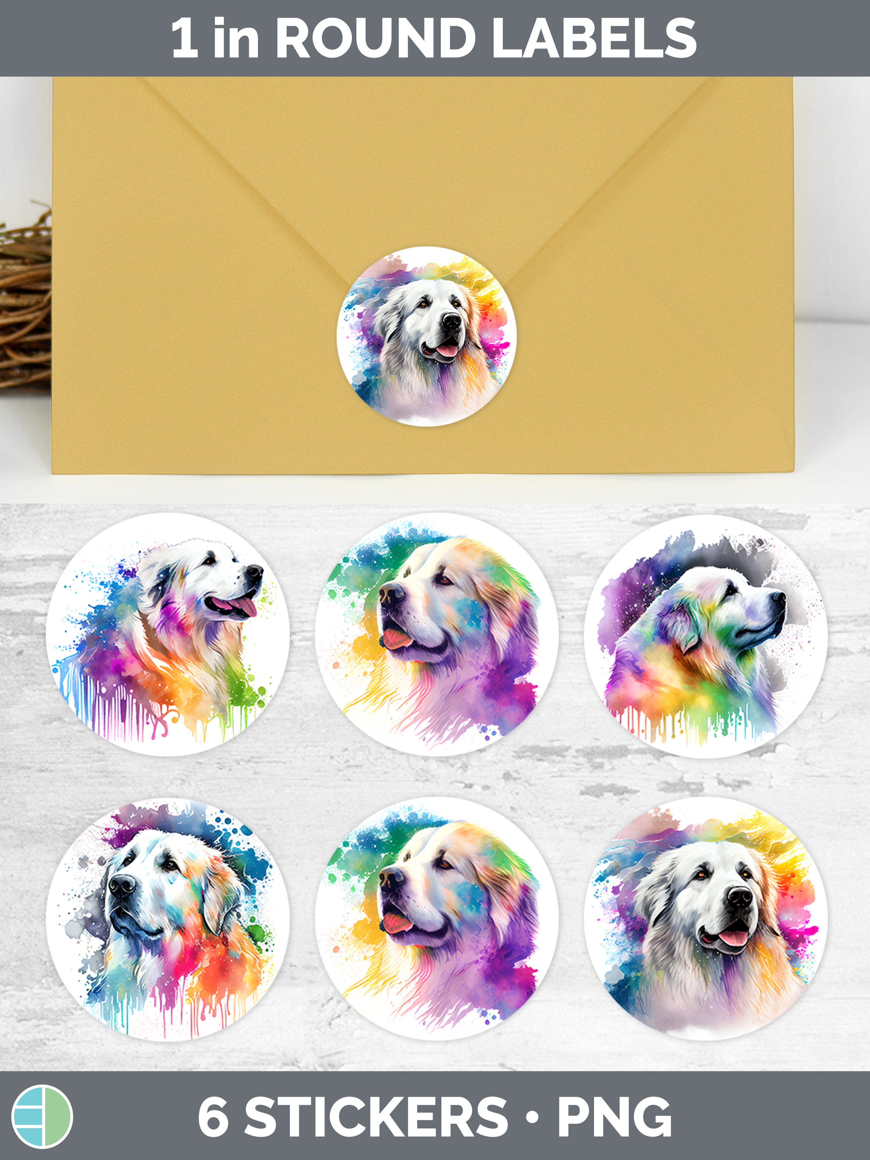 Rainbow Great Pyrenees Dog Stickers | Round Labels Designs B