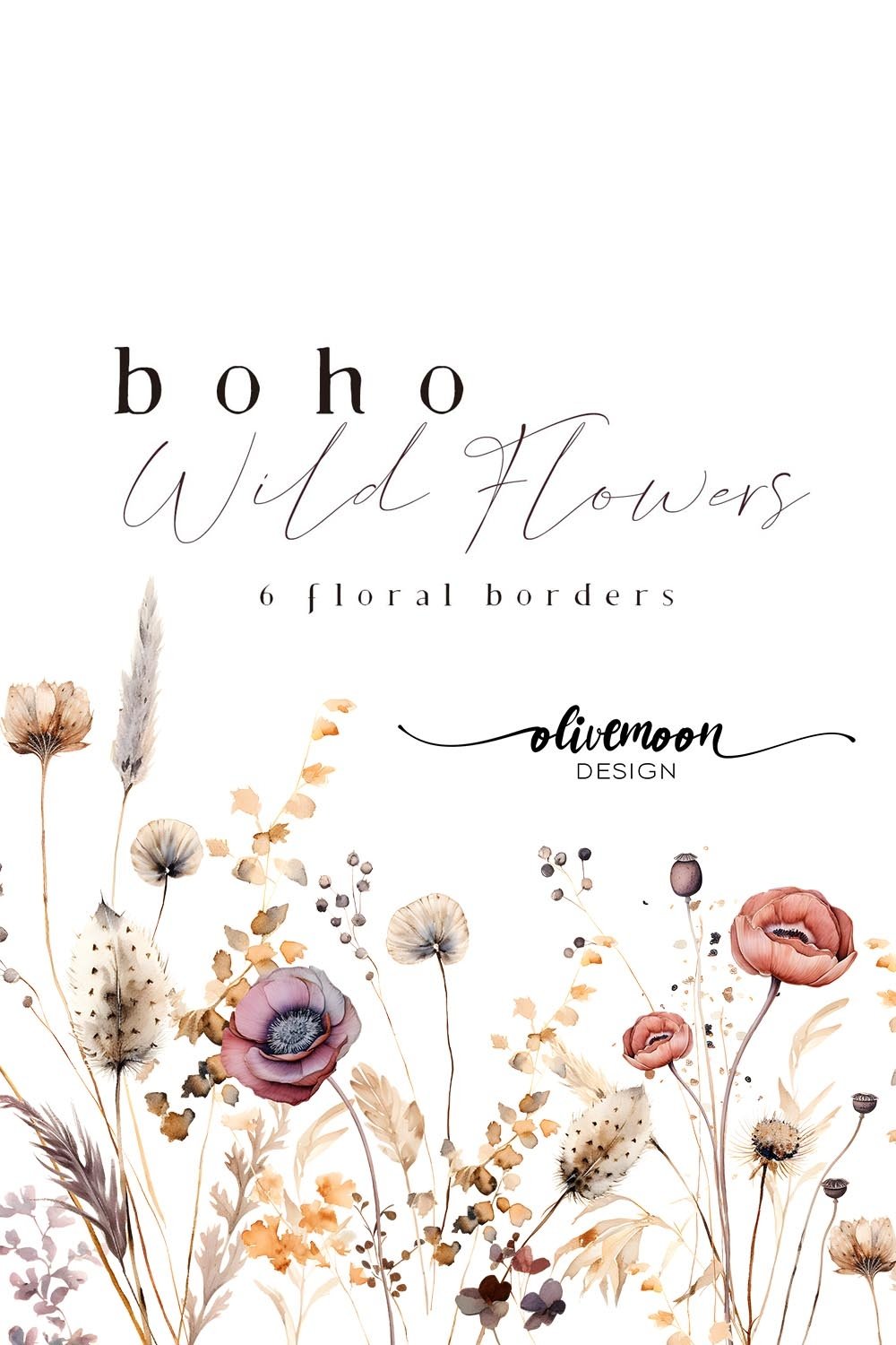 Boho Wildflowers Floral Borders Fall Burgundy Beige 6 PNG
