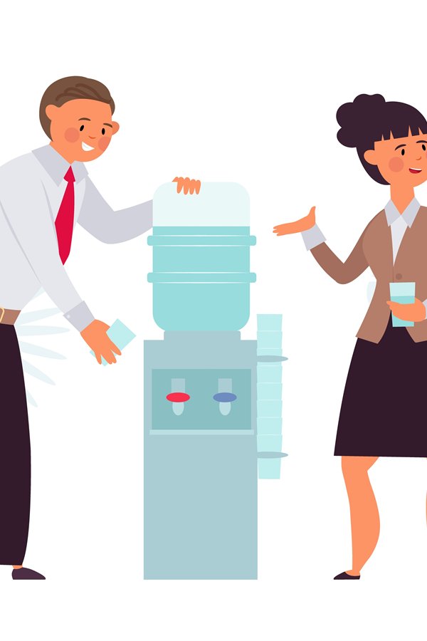 Office people conversation. Water drink on work, flat corpor