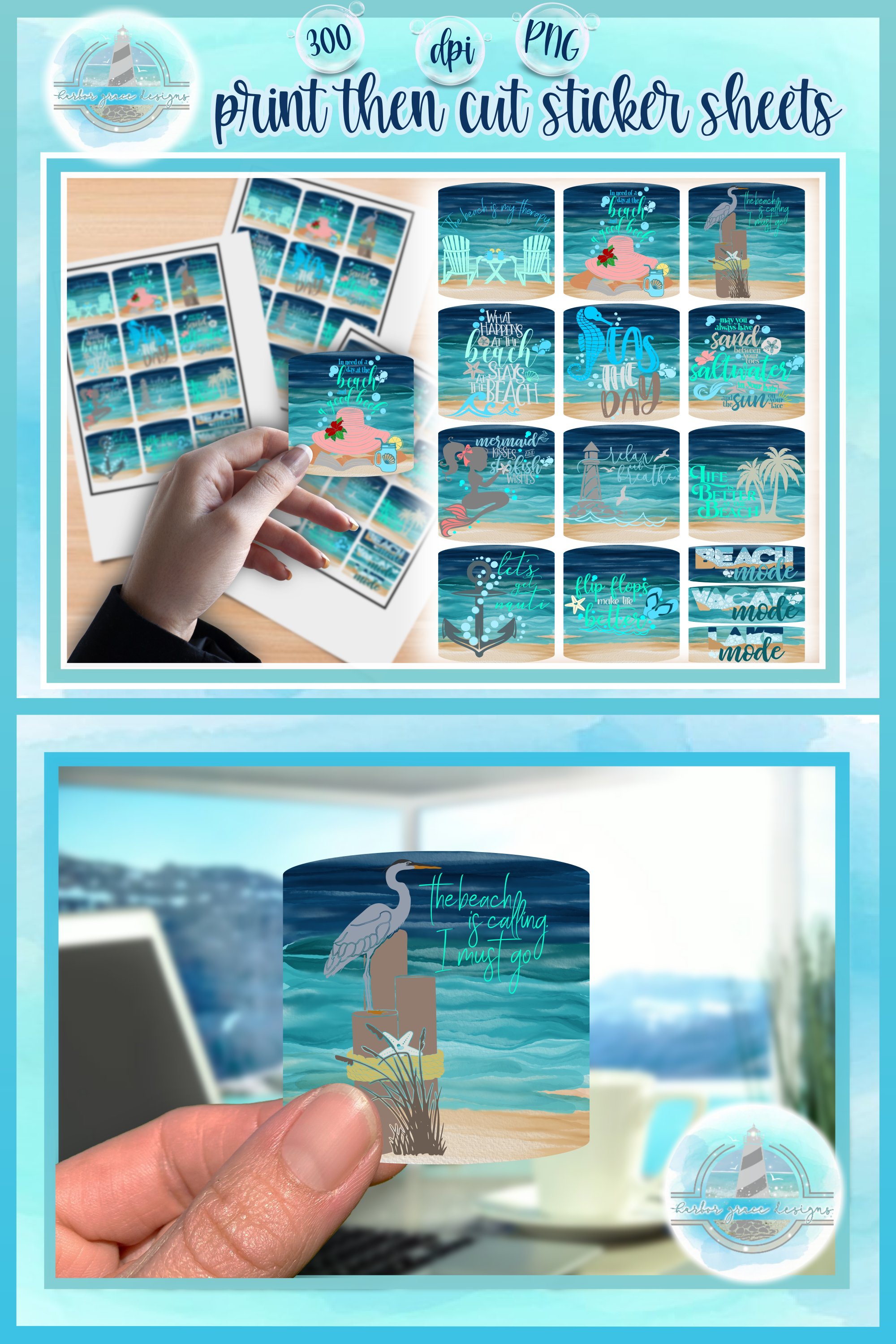 PNG Beach Quotes Printable Square Sticker Set - 300dpi PNG