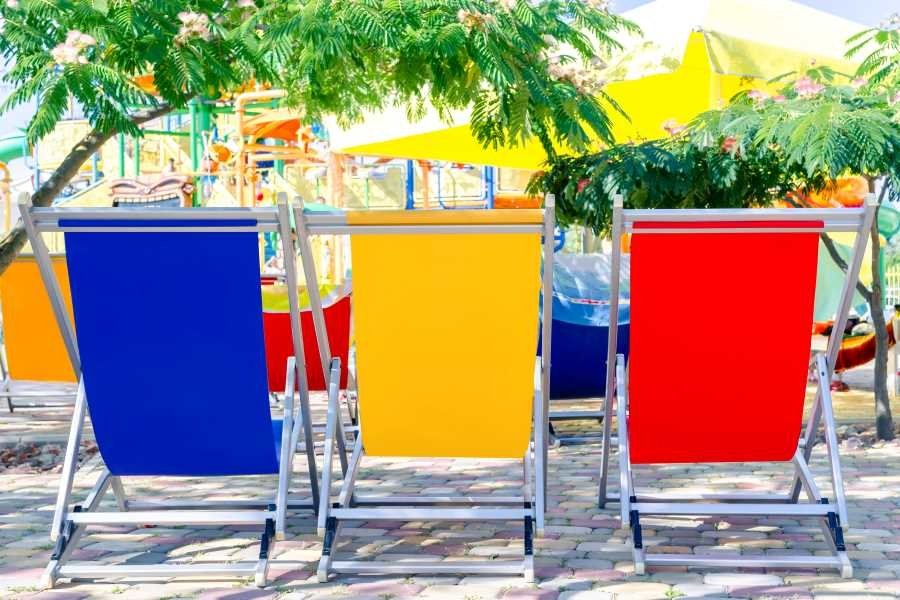 Pool loungers in 3 bright colors - blue, yellow, red