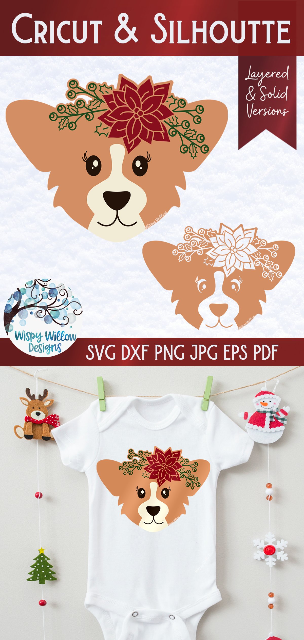 Christmas Corgi Dog with Flowers SVG Cut File