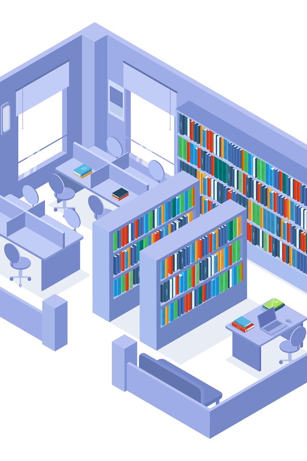 School or university isometric library bookshelves and bookc