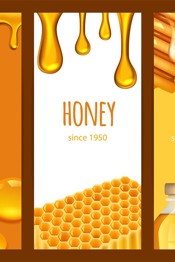 Honey flyers. Sweet realistic honey, honeycomb, gold splashe