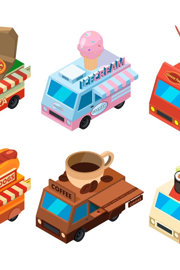 Vector isometric pictures set of different food trucks on th