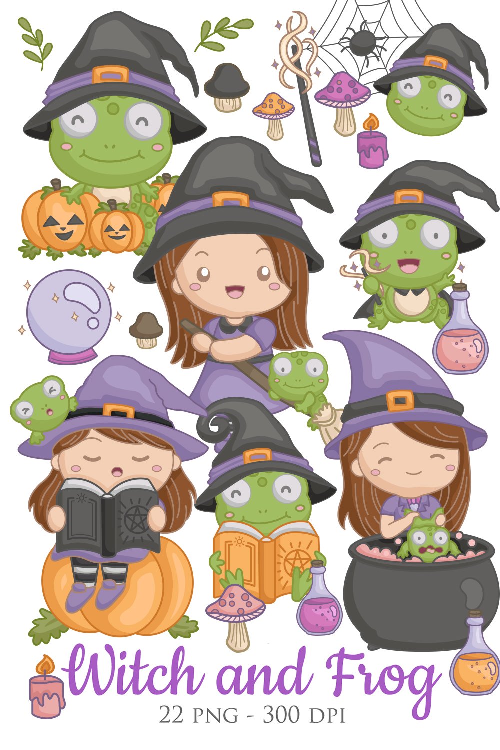 Cute Halloween Witch and Frog Decoration Cartoon Clipart