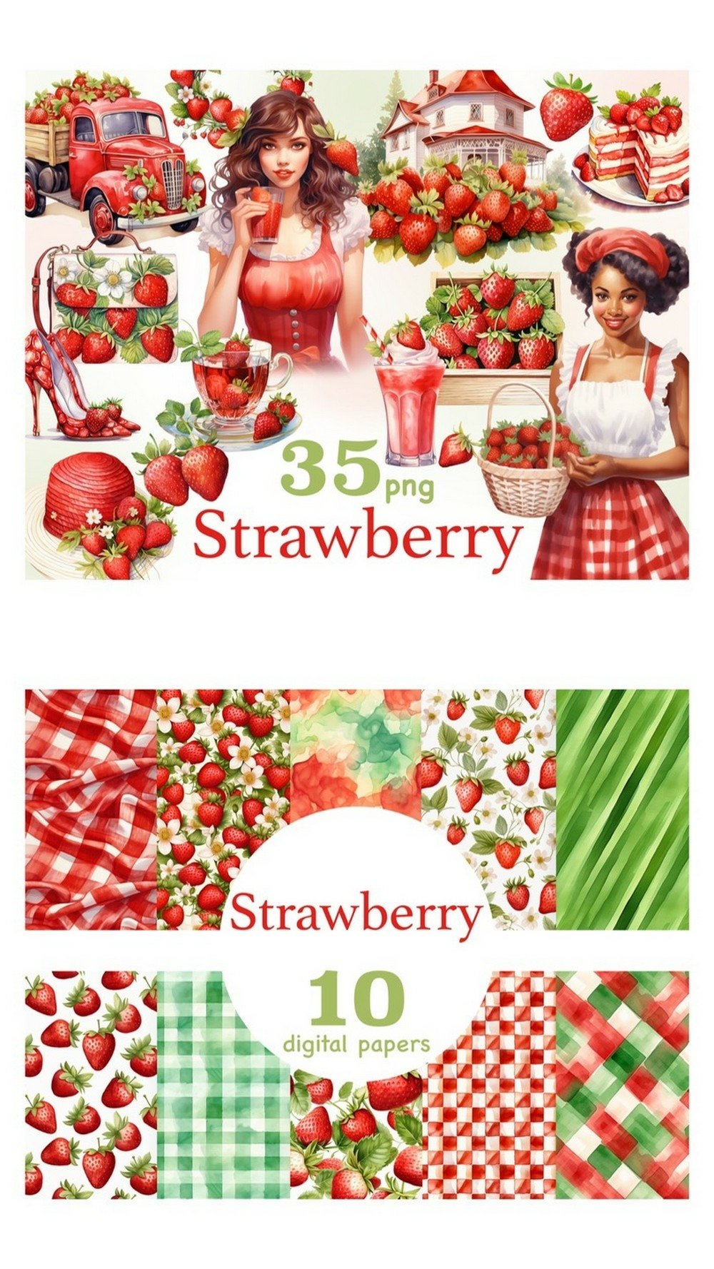 Strawberry Digital Paper Set | Summer Pattern Bundle