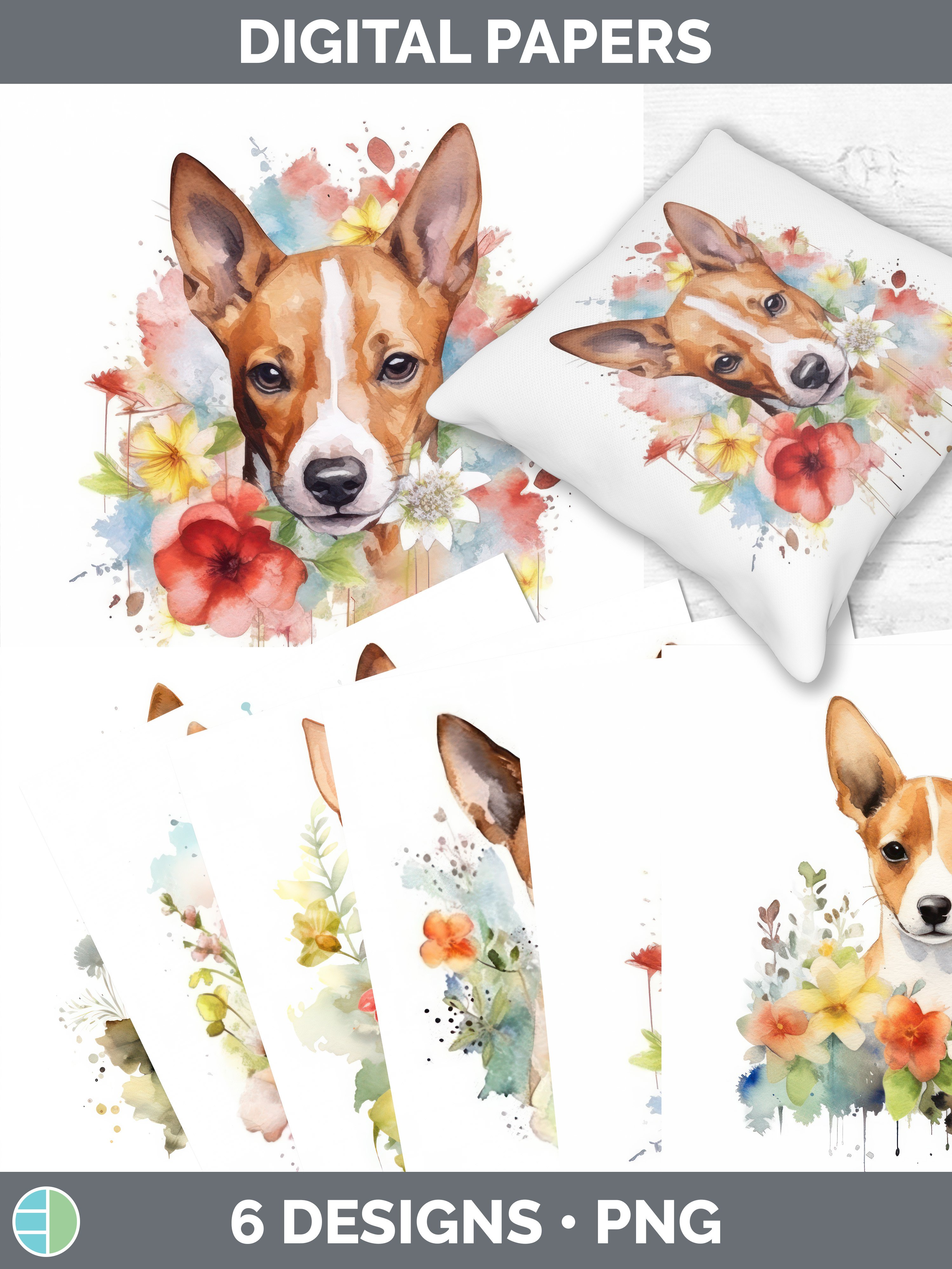 Watercolor Basenji Dog Paper Backgrounds | Digital Scrapbook