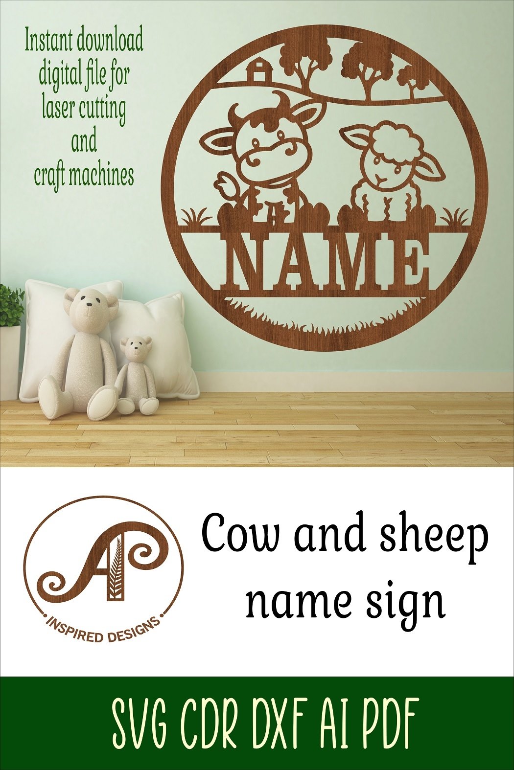 Cow and sheep name sign svg laser cut template, wall art