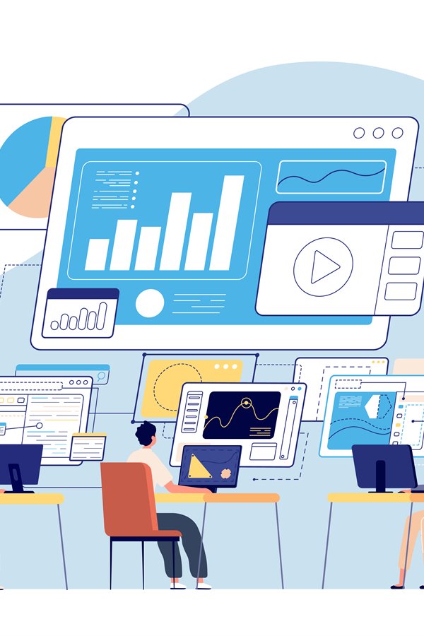 Visual statistics. Data visualization, creative office peopl