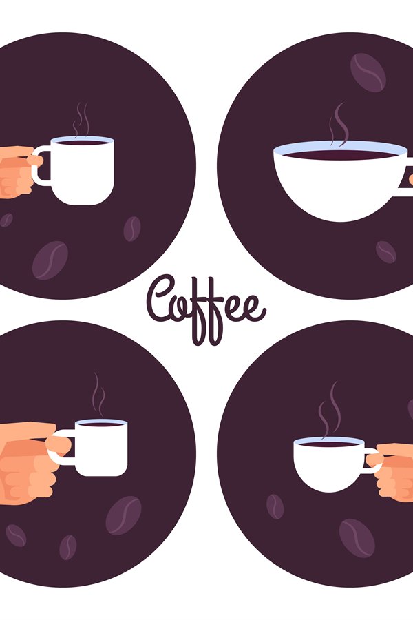 Hands holding cups of coffee vector icons set