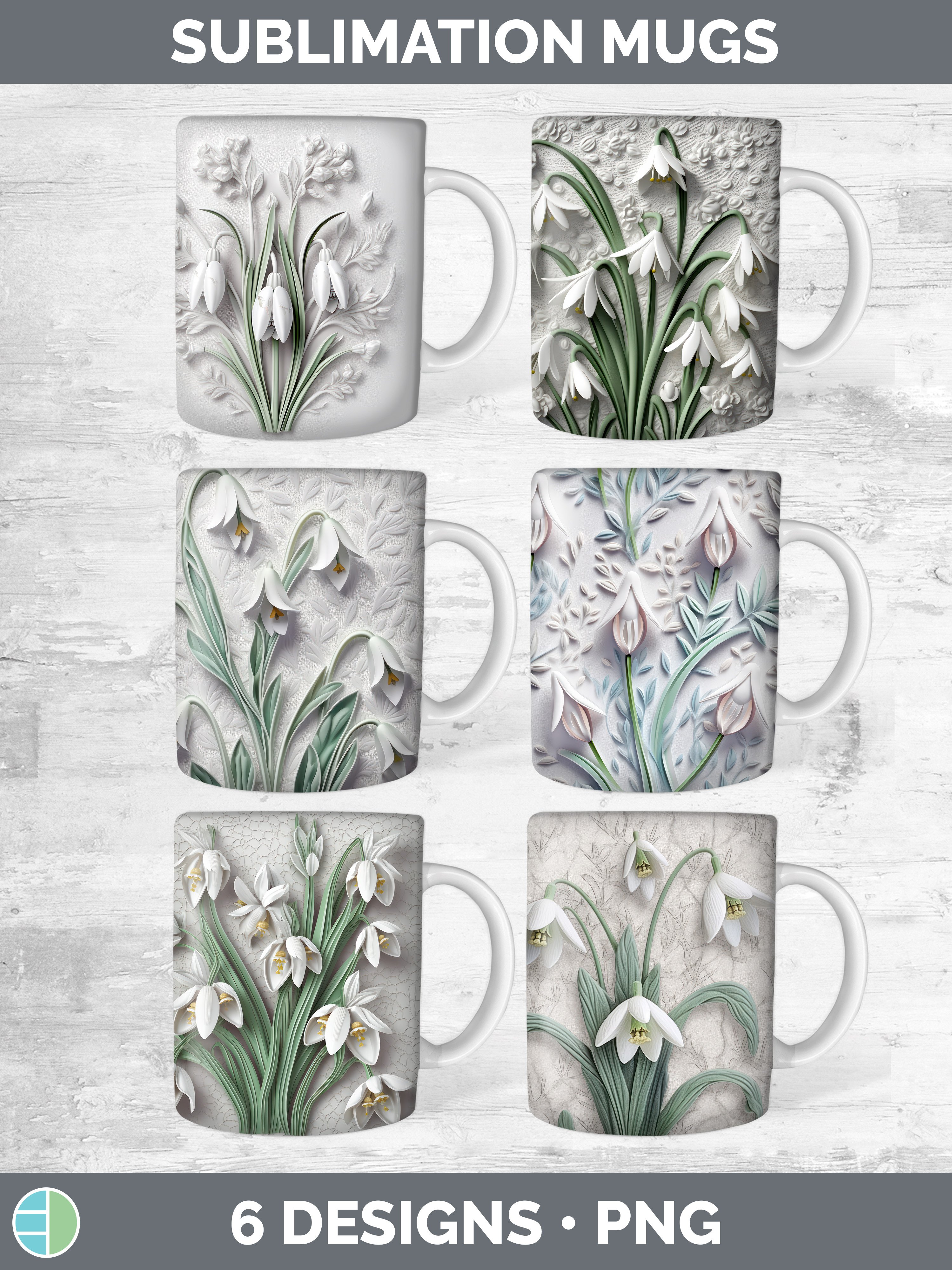 3D Snowdrop Flowers Mug Wrap | Sublimation Coffee Cup Design