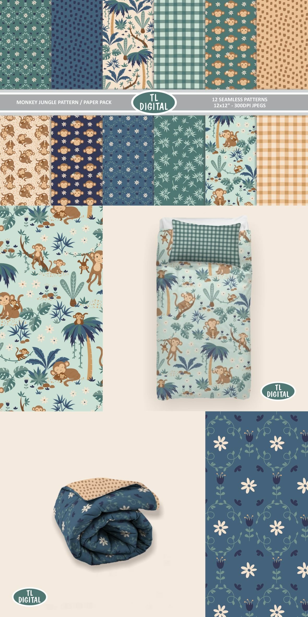 Monkey Jungle Pattern Pack - 12 Seamless Designs