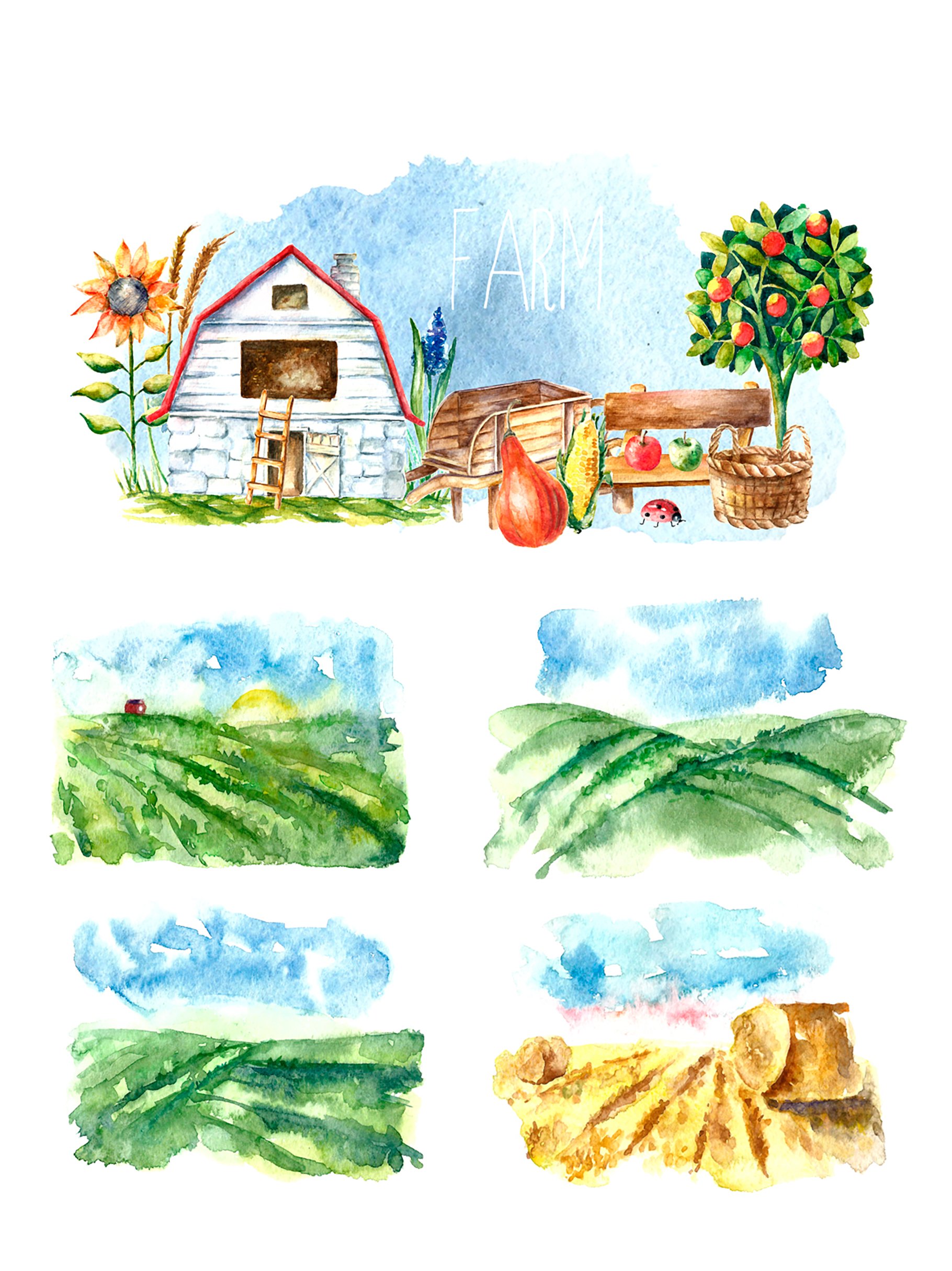 Watercolor clipart organic farm