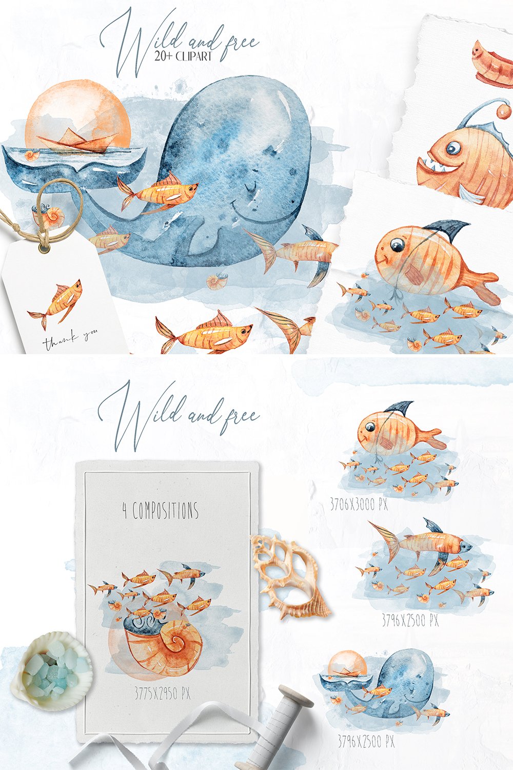 Watercolor nautical sea life clipart- whale, fish, seashell