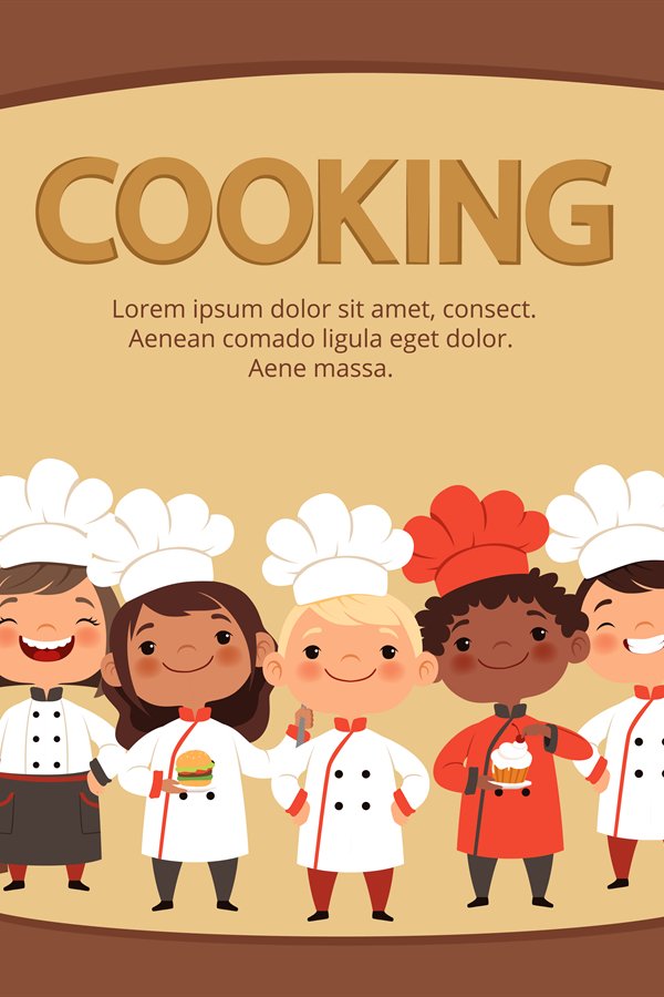 Kids characters prepare food. Cooking kids chefs banner vect