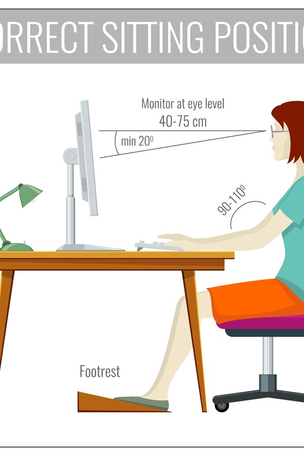 Correct spine sitting posture at computer health prevention