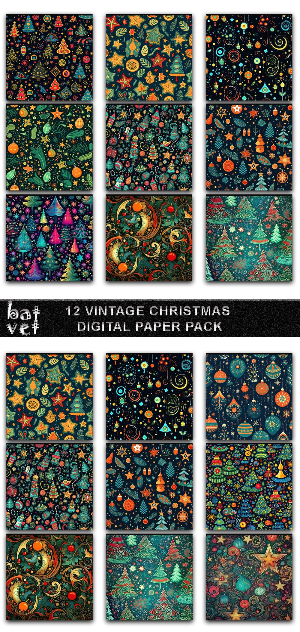 Retro Christmas Digital Paper Pack
