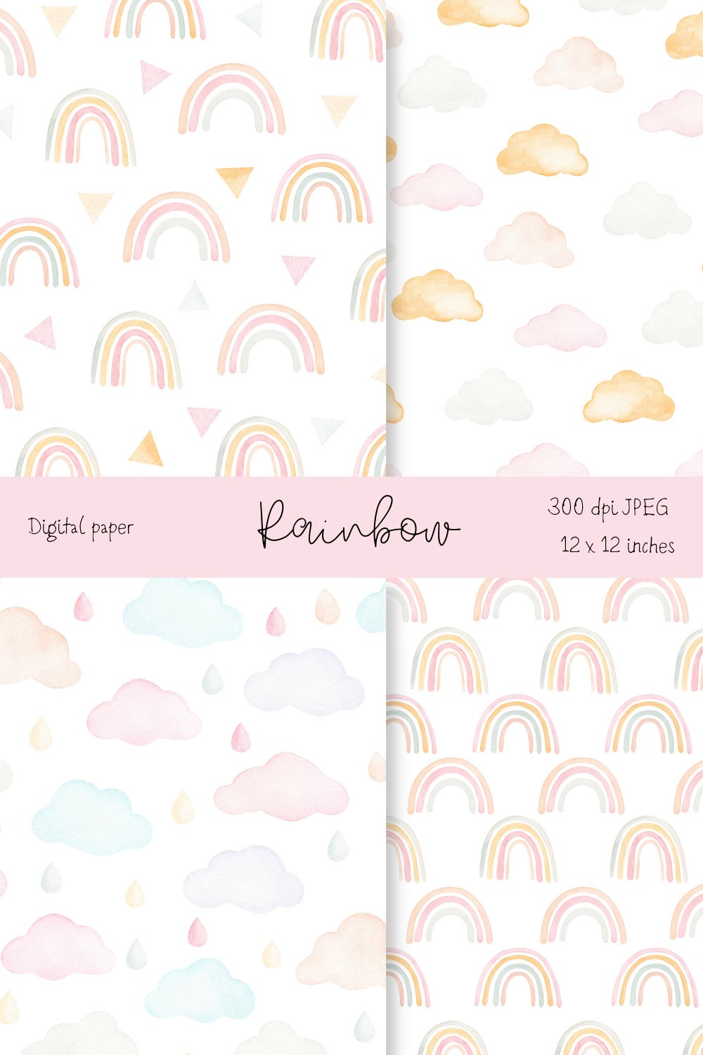 Watercolor rainbow digital paper, boho minimalist pattern