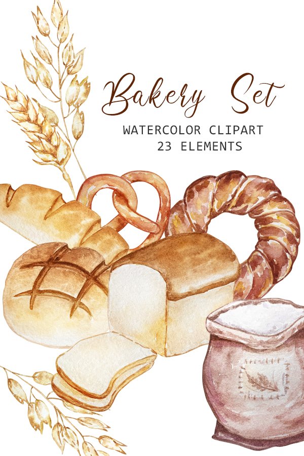 Watercolor Bakery clipart, Pastry and Bread clipart