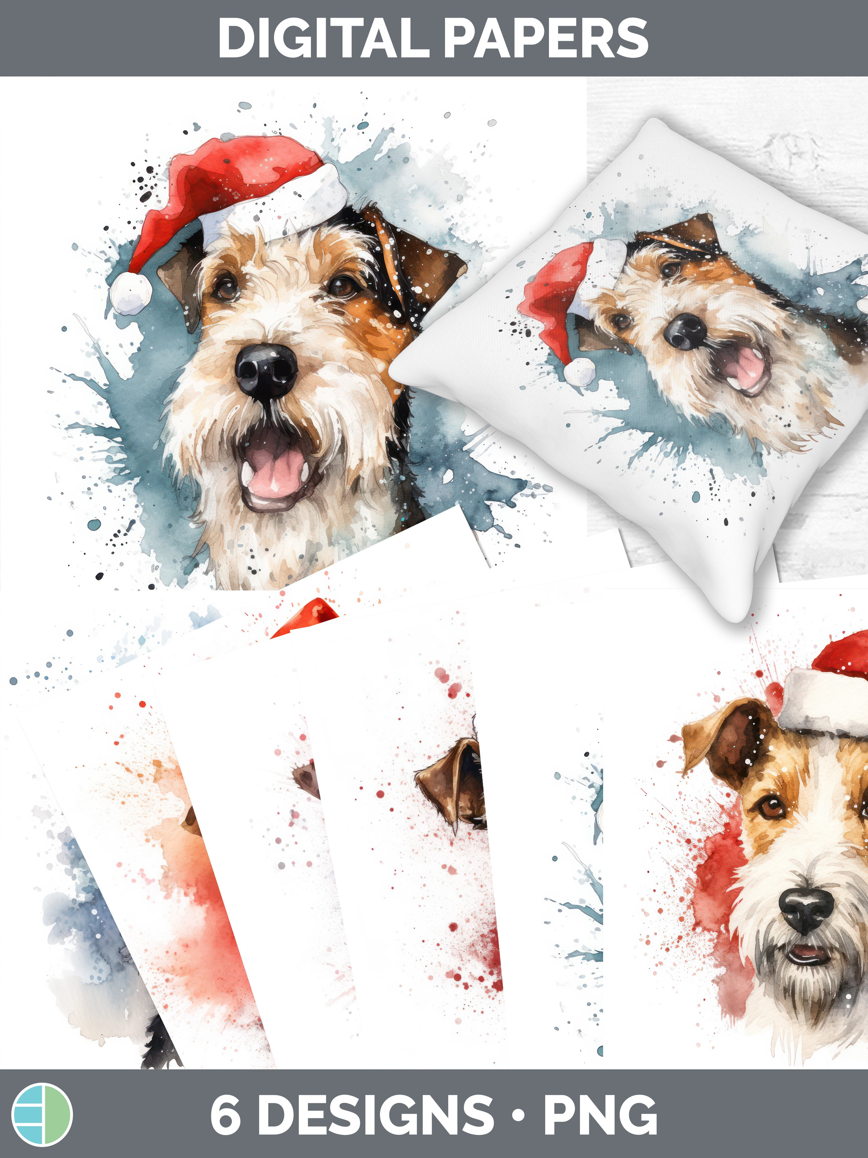 Christmas Santa Hat Fox Terrier Dog Paper Backgrounds | Digi
