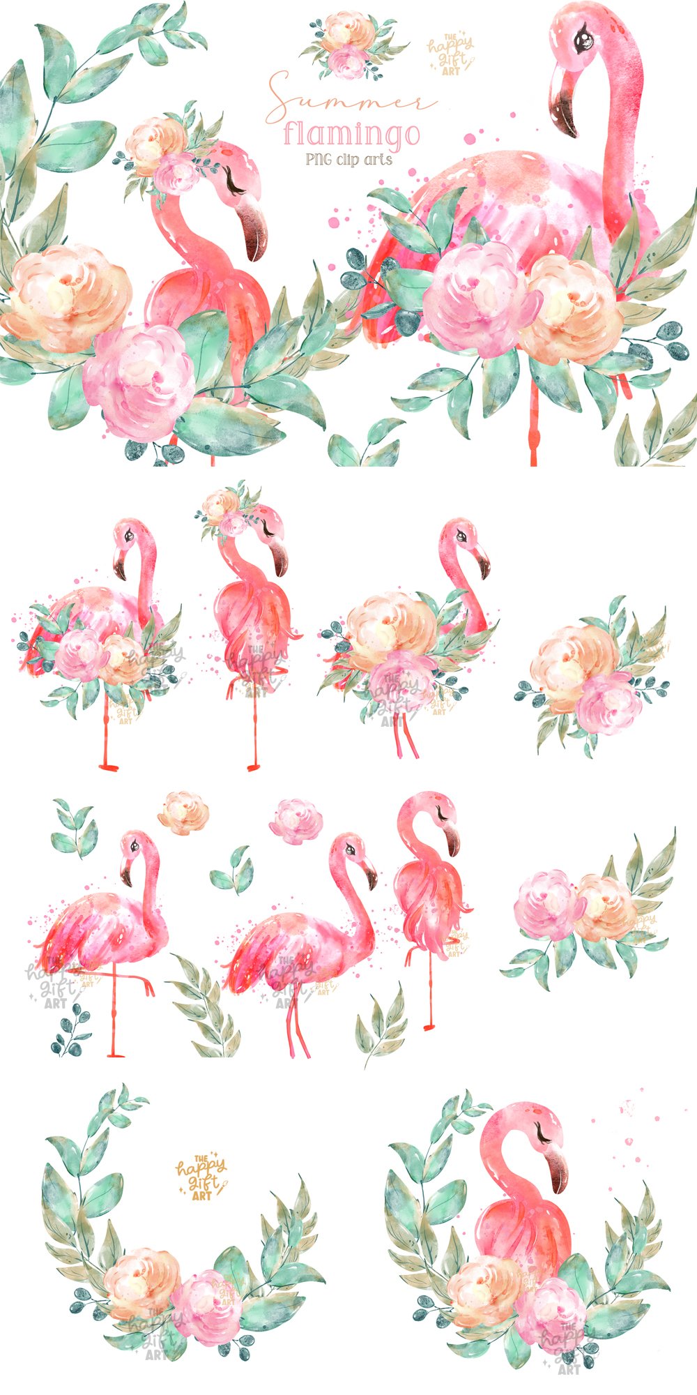 Summer flamingo watercolor clip arts