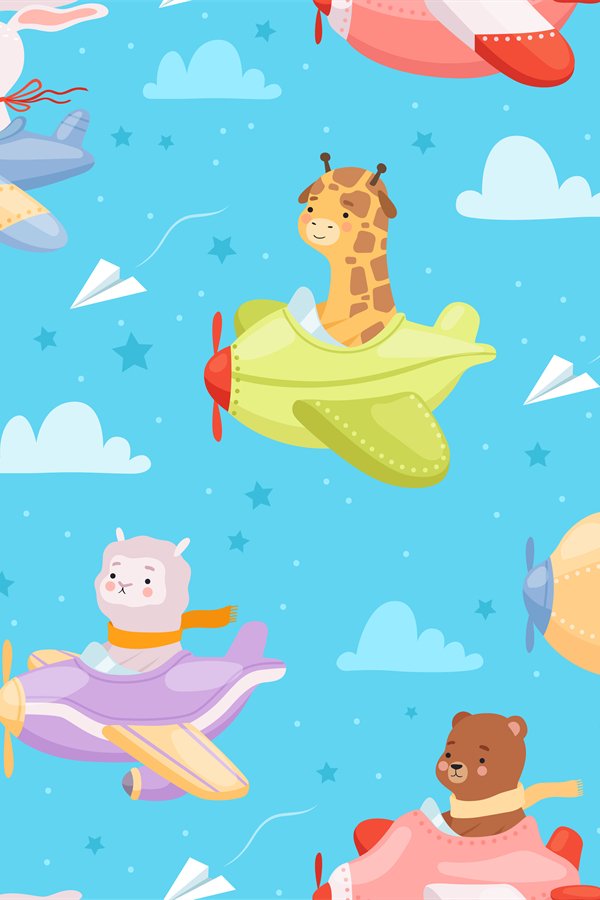 Airplane pattern. Animal kid characters in airplanes flying