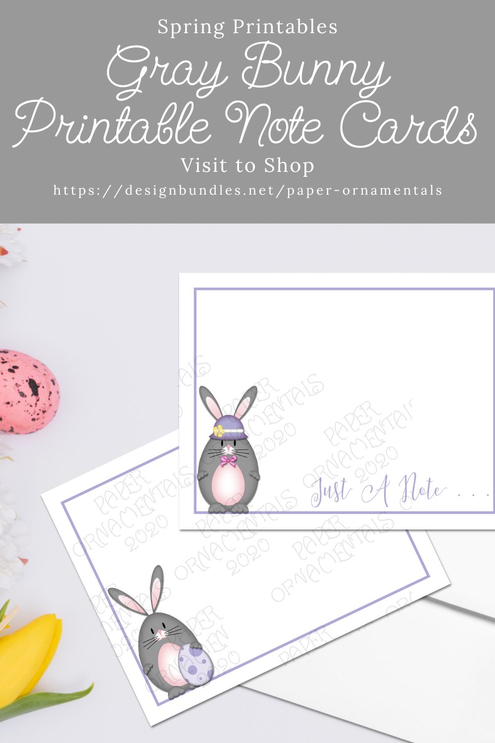 Note Card, Post Card, Gray Easter Bunny Greetings Flat Card