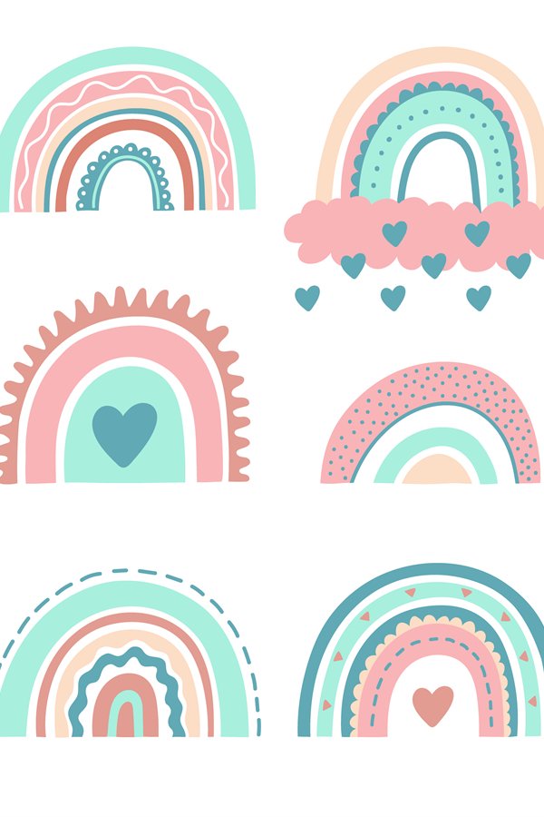 Cute rainbows. Doodle nursery rainbow with clouds, childish