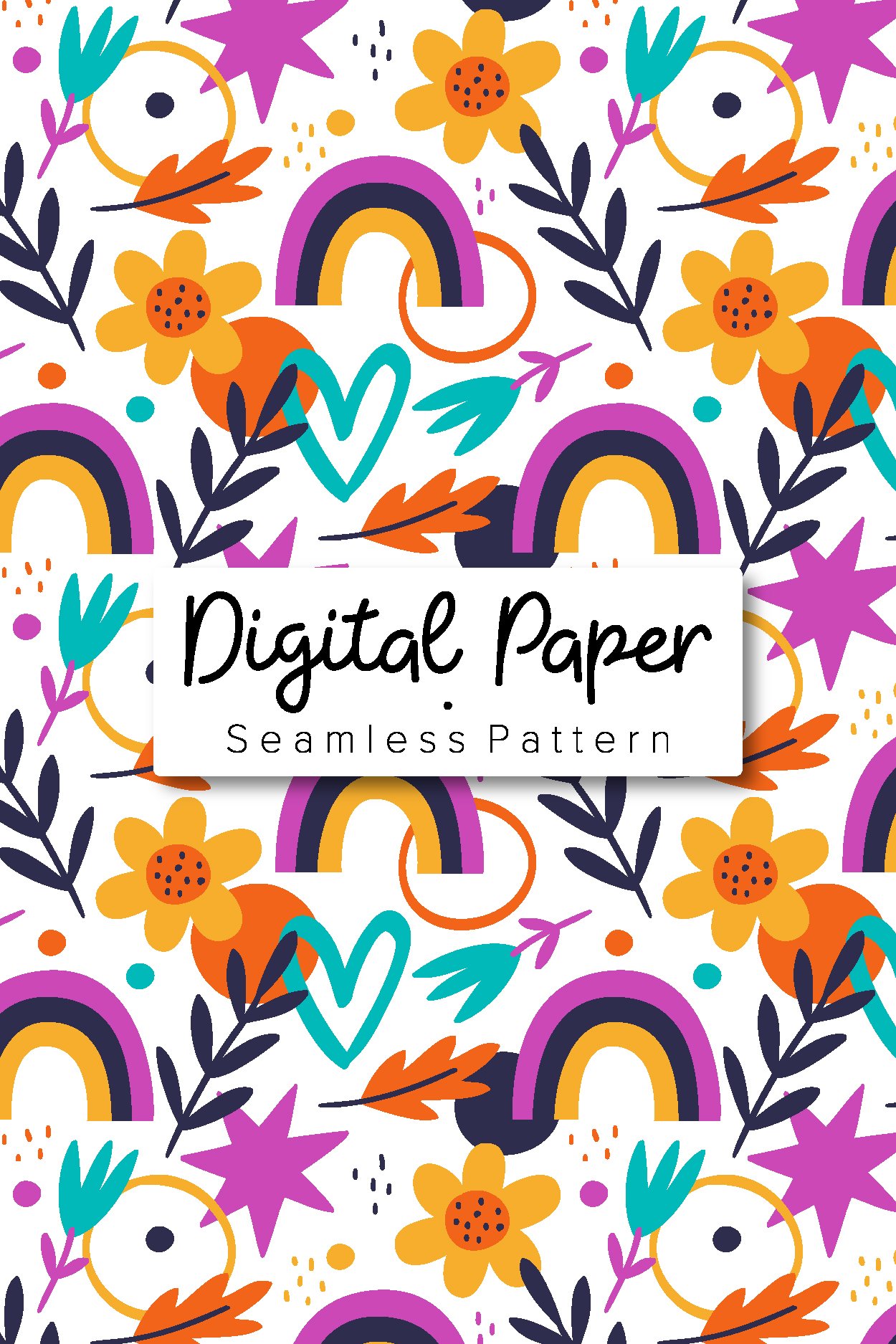 Rainbow floral digital paper. Summer print. Decorative paper