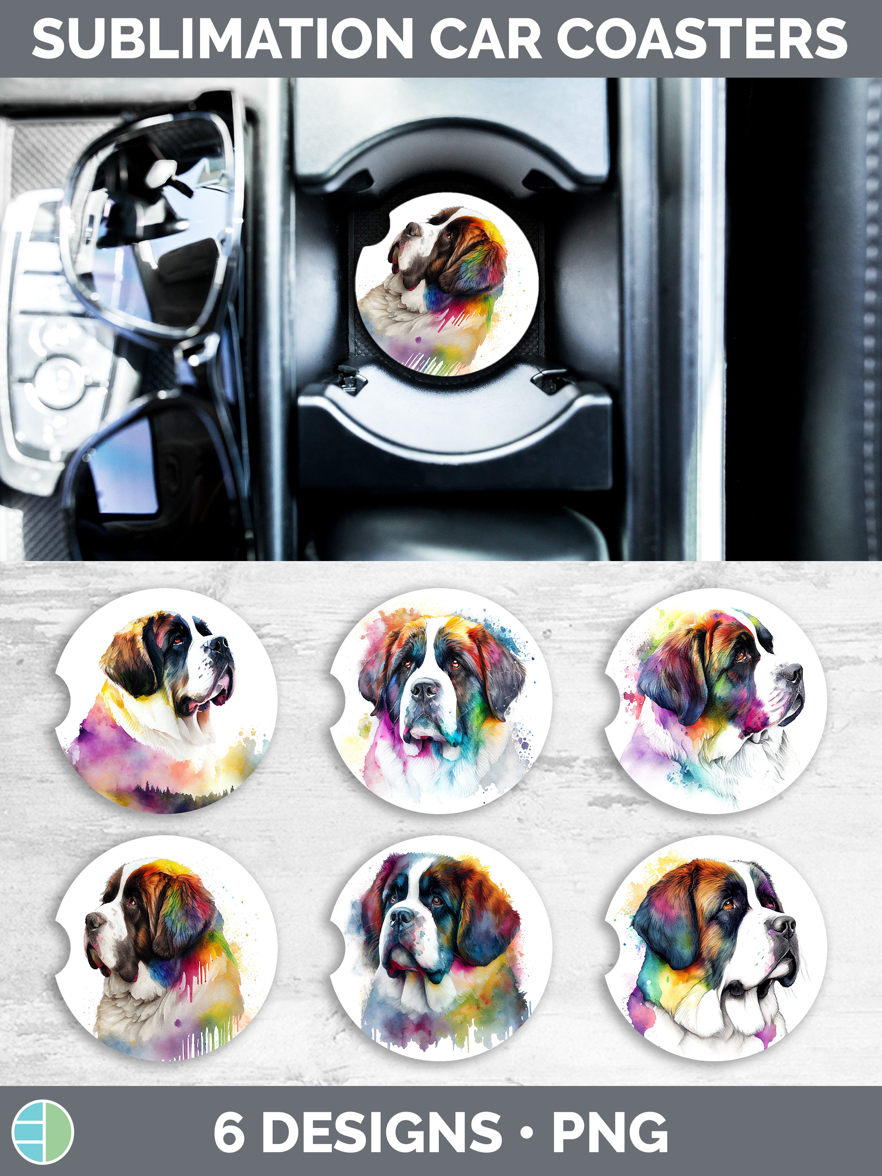 /Rainbow Sant Bernard Car Coaster | Sublimation Coaster Desi