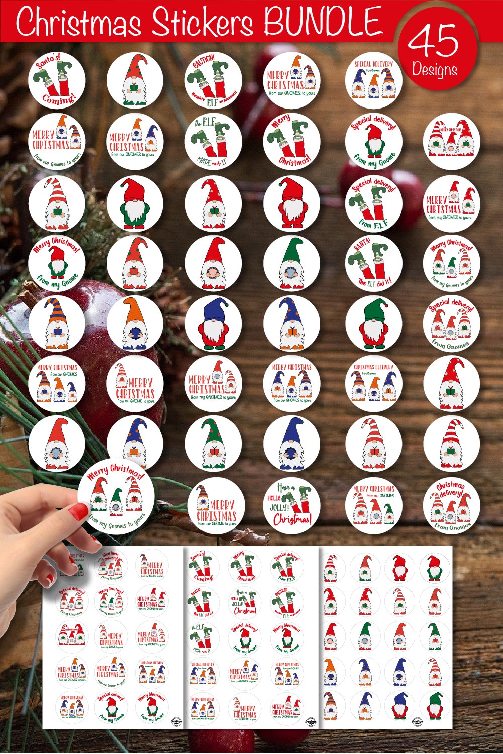 Printable Christmas stickers Bundle with Christmas gnome.
