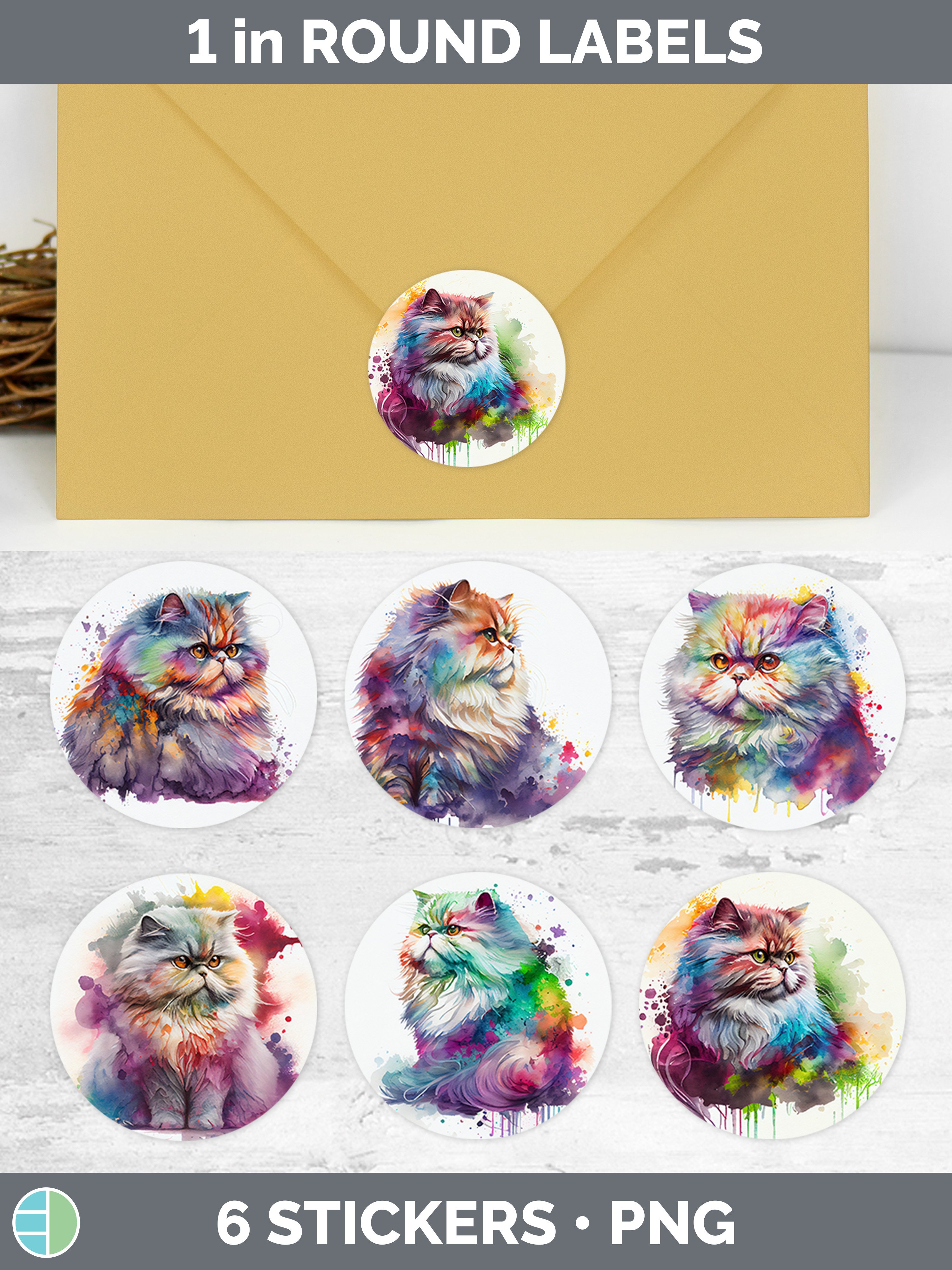 Rainbow Persian Cat Stickers | Round Labels Designs Bundle