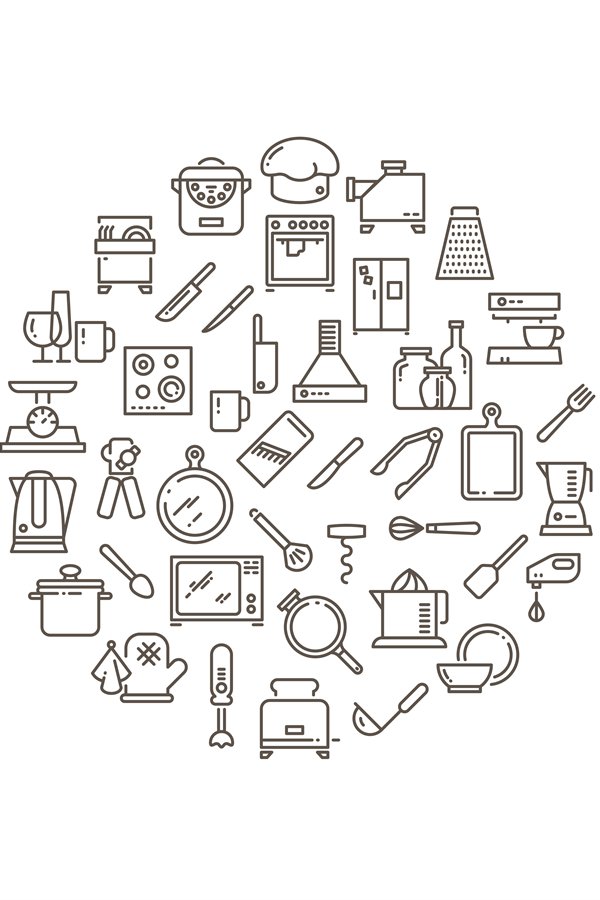 Cooking food in kitchen outline icons