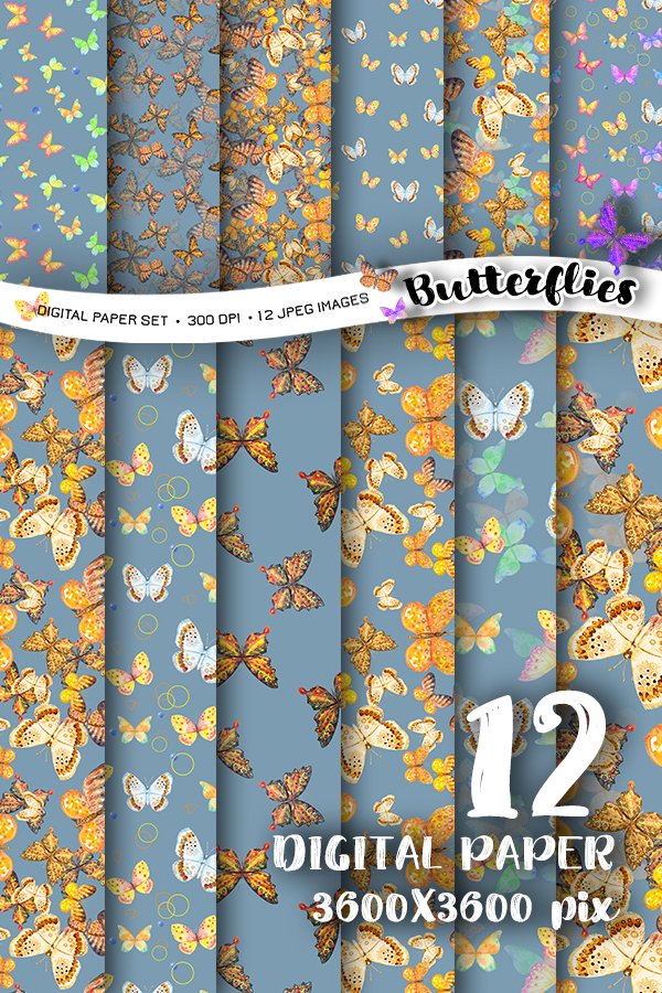 12 blue digital paper with yellow watercolor butterflies.