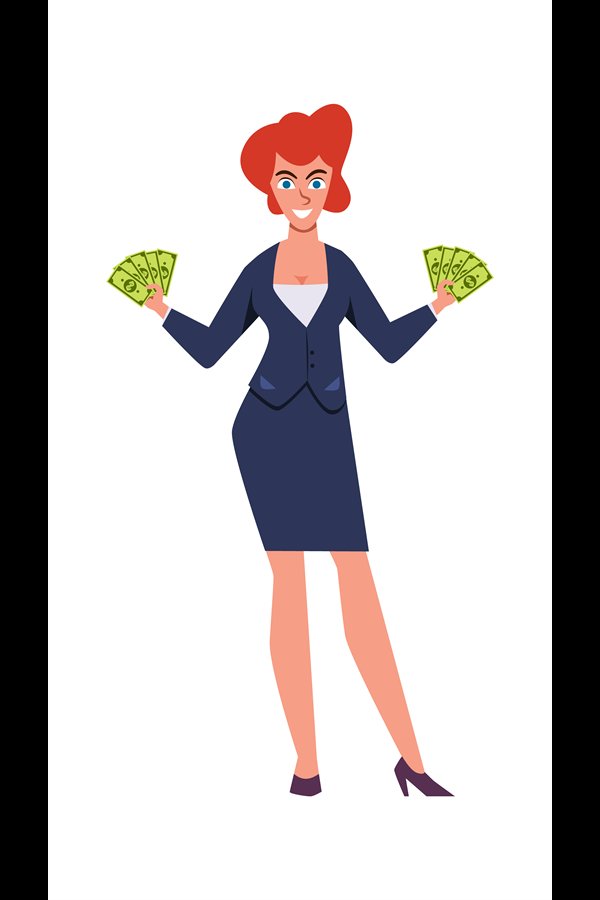 Rich woman. Success character with luxury suit vector money