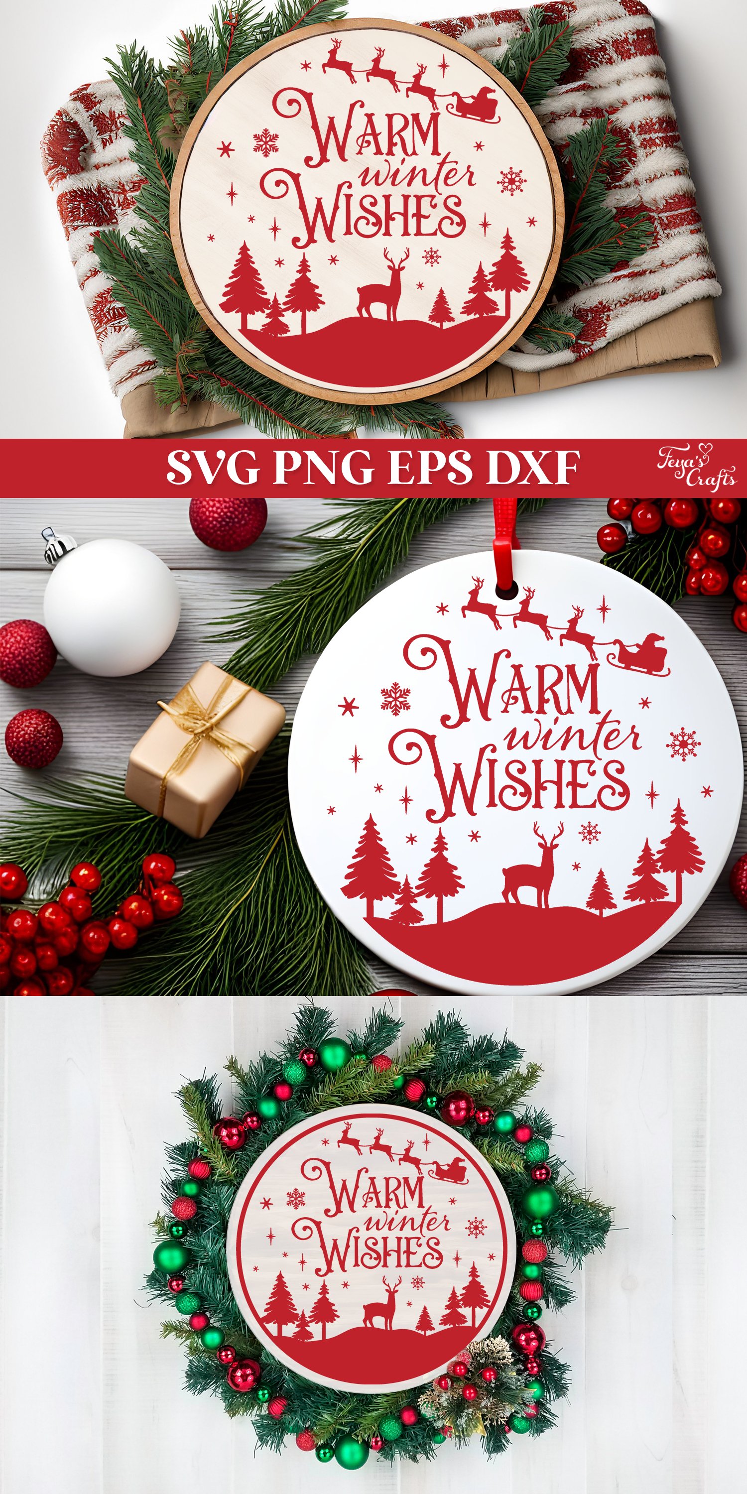 Warm Winter Wishes Round Christmas SVG Ornament