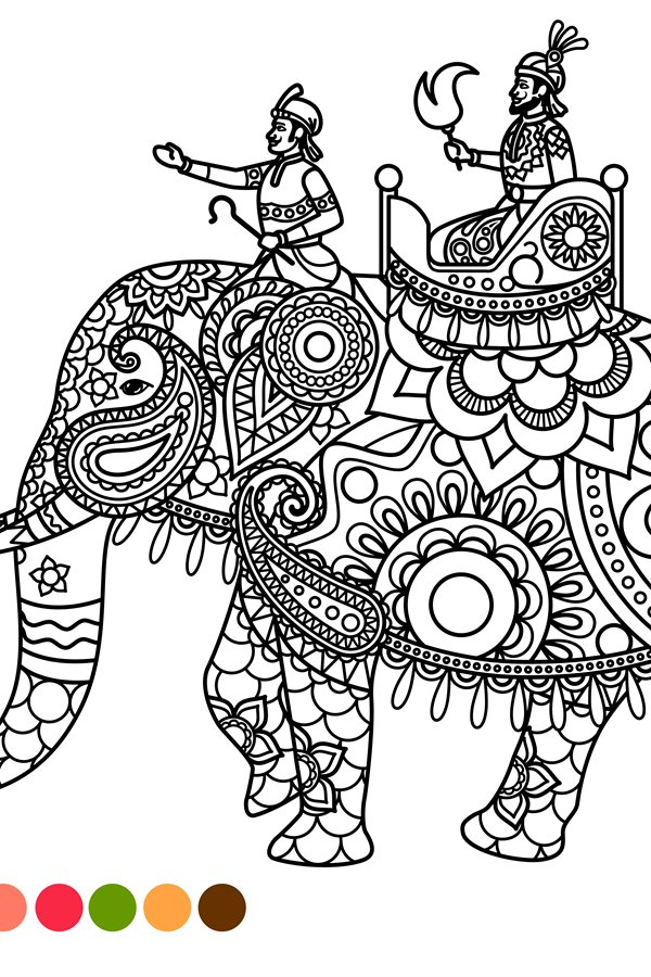Antistress coloring page with maharaja on elephant