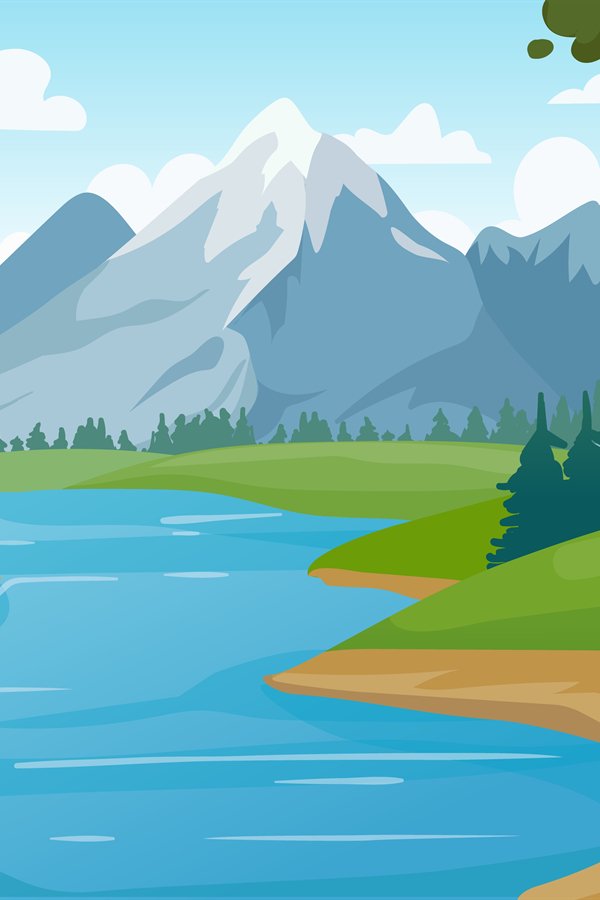 Mountain and lake landscape. Cartoon rocky mountains, forest